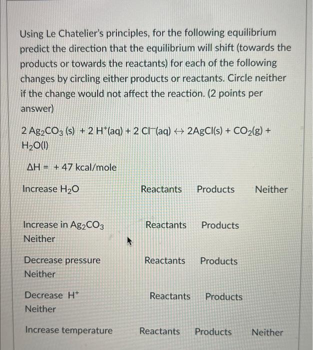 Solved Using Le Chatelier's principles, for the following | Chegg.com