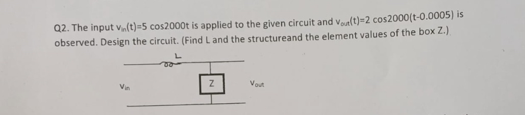 Solved Q2. ﻿The input vin (t)=5cos2000t ﻿is applied to the | Chegg.com