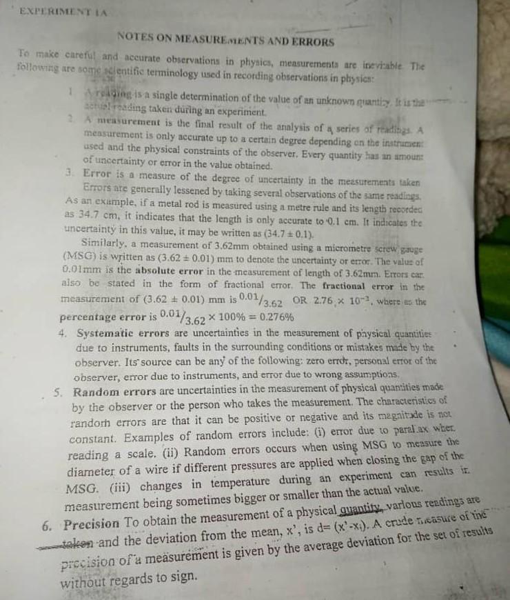 Solved NOTES ON MEASURE VENTS AND ERRORS Fo make careful and | Chegg.com
