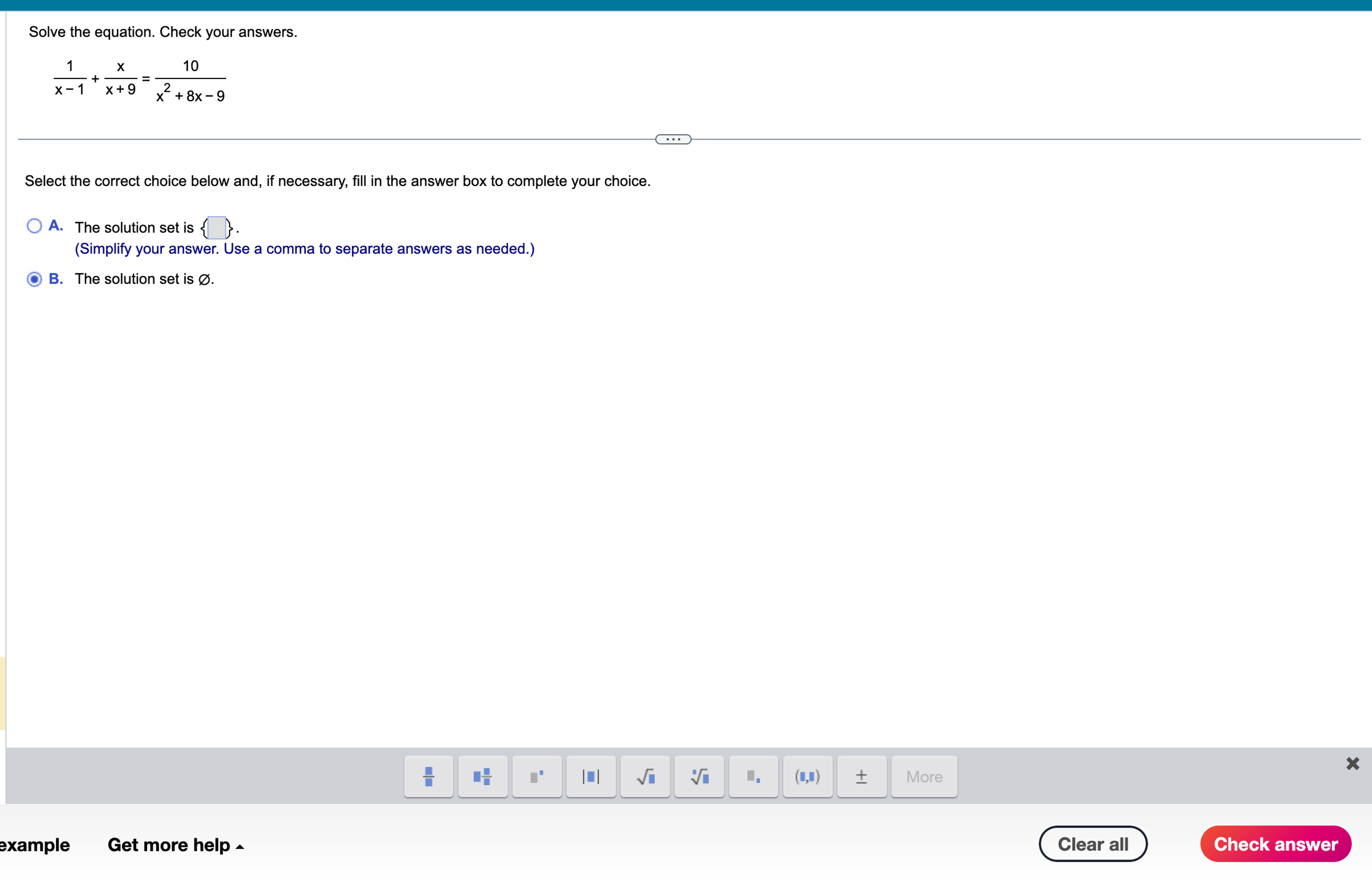 Solved 1x-1+xx+9=10x2+8x-9Select the correct choice below | Chegg.com