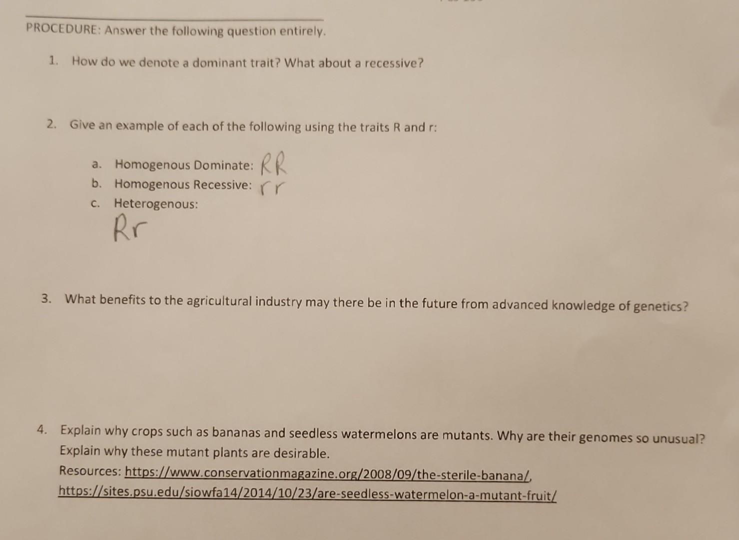 Solved 1. How do we denote a dominant trait? What about a | Chegg.com