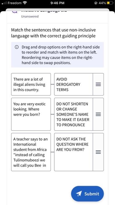 Solved Match the sentences that use non-inclusive language | Chegg.com