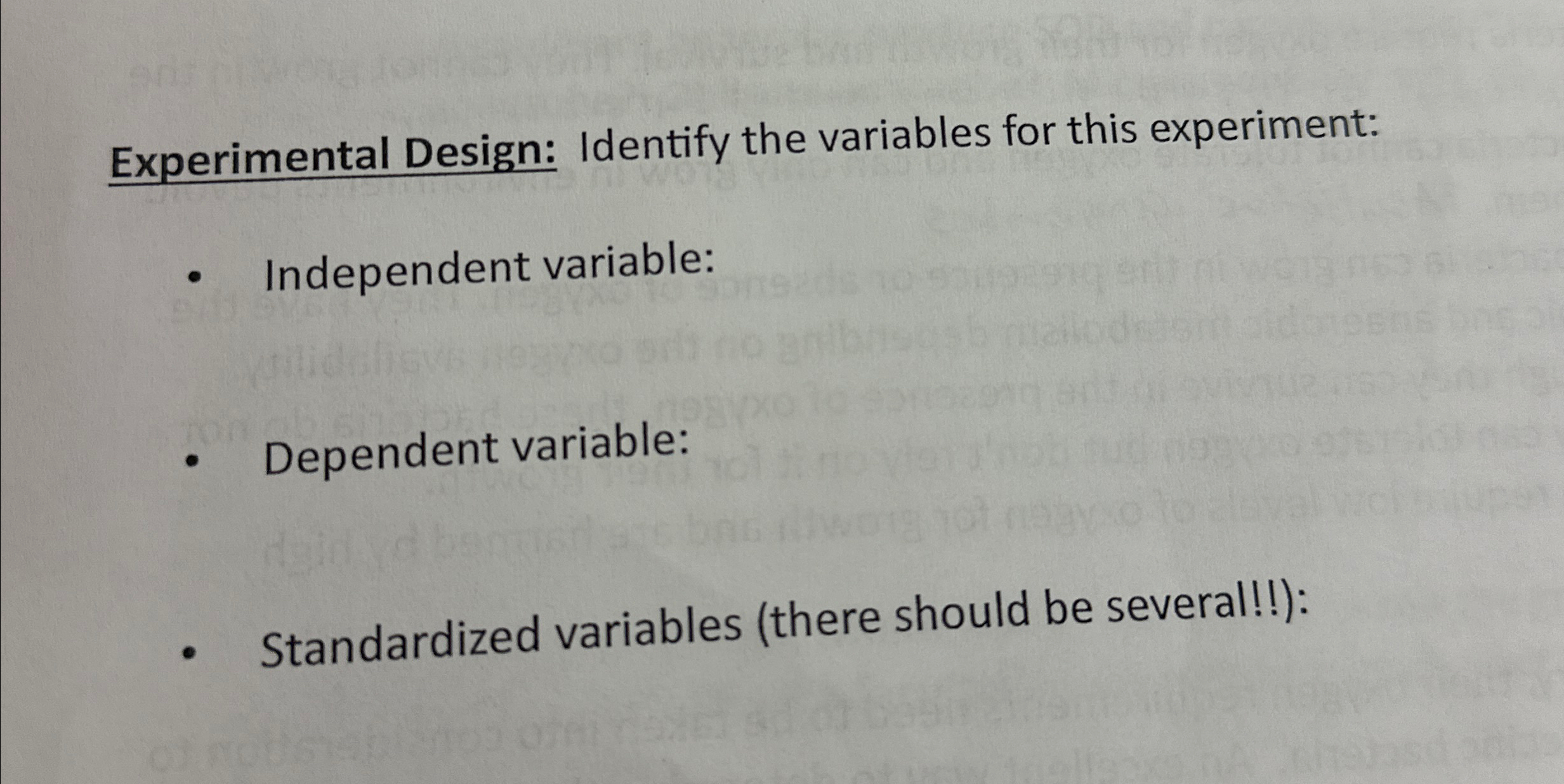 Solved Experimental Design: Identify the variables for this | Chegg.com