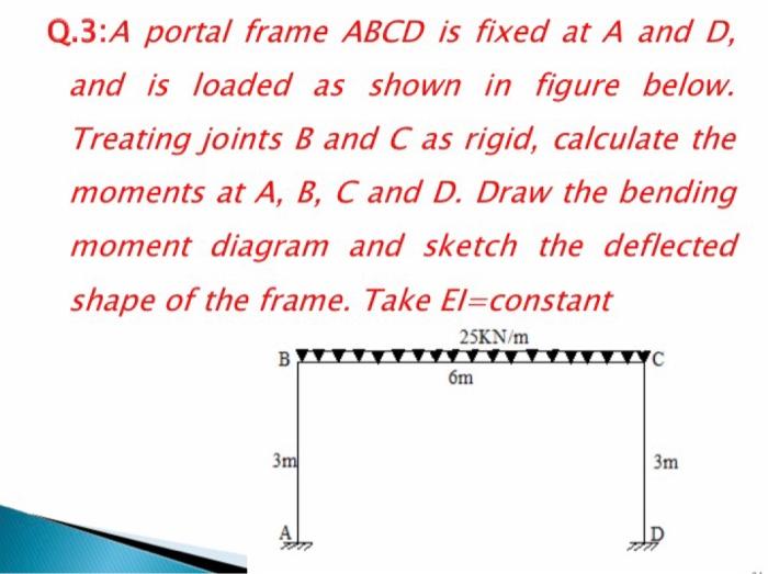 Solved Q.3:A portal frame ABCD is fixed at A and D, and is | Chegg.com
