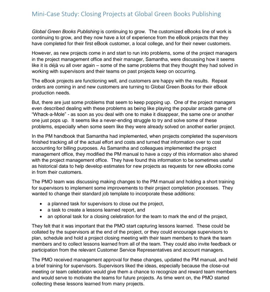 Solved Mini-Case Study: Closing Projects at Global Green | Chegg.com