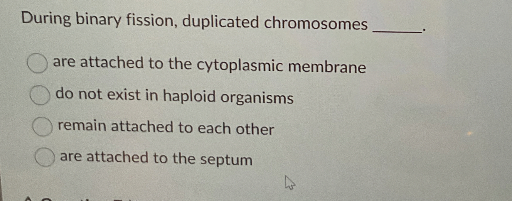 Solved During binary fission, duplicated chromosomesare | Chegg.com