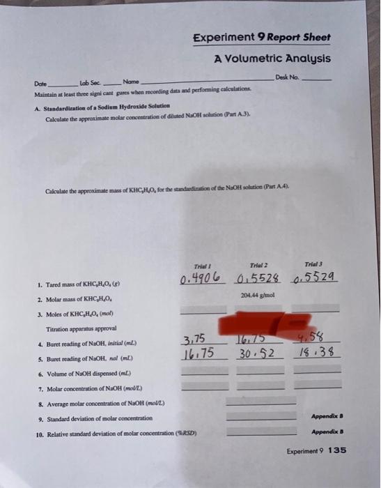 Solved Experiment 9 Report Sheet A Volumetric Analysis Desk | Chegg.com