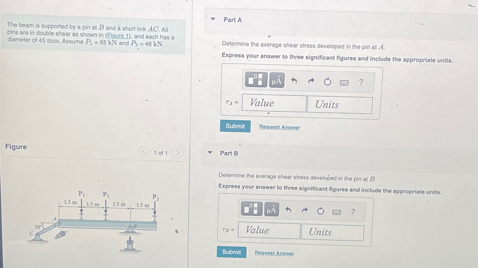 Solved The beam is supported by a pin at B ﻿and a short link | Chegg.com
