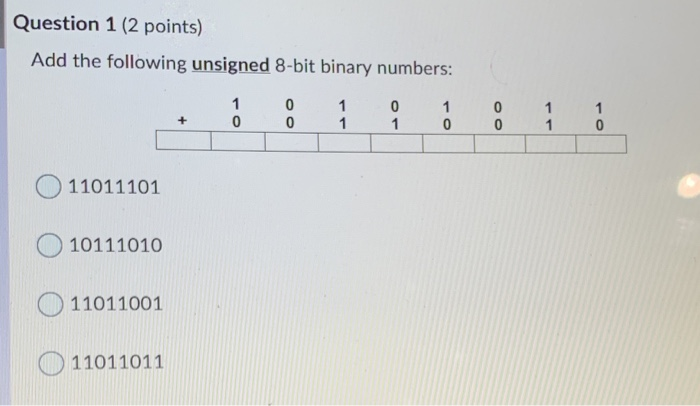 Solved Question 1 (2 points) Add the following unsigned | Chegg.com