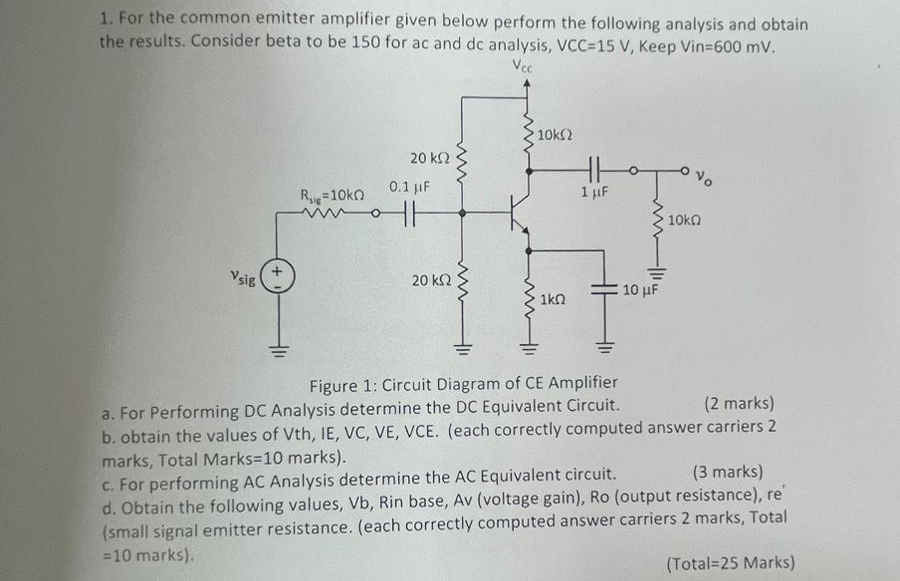 Solved For the common emitter amplifier given below perform | Chegg.com