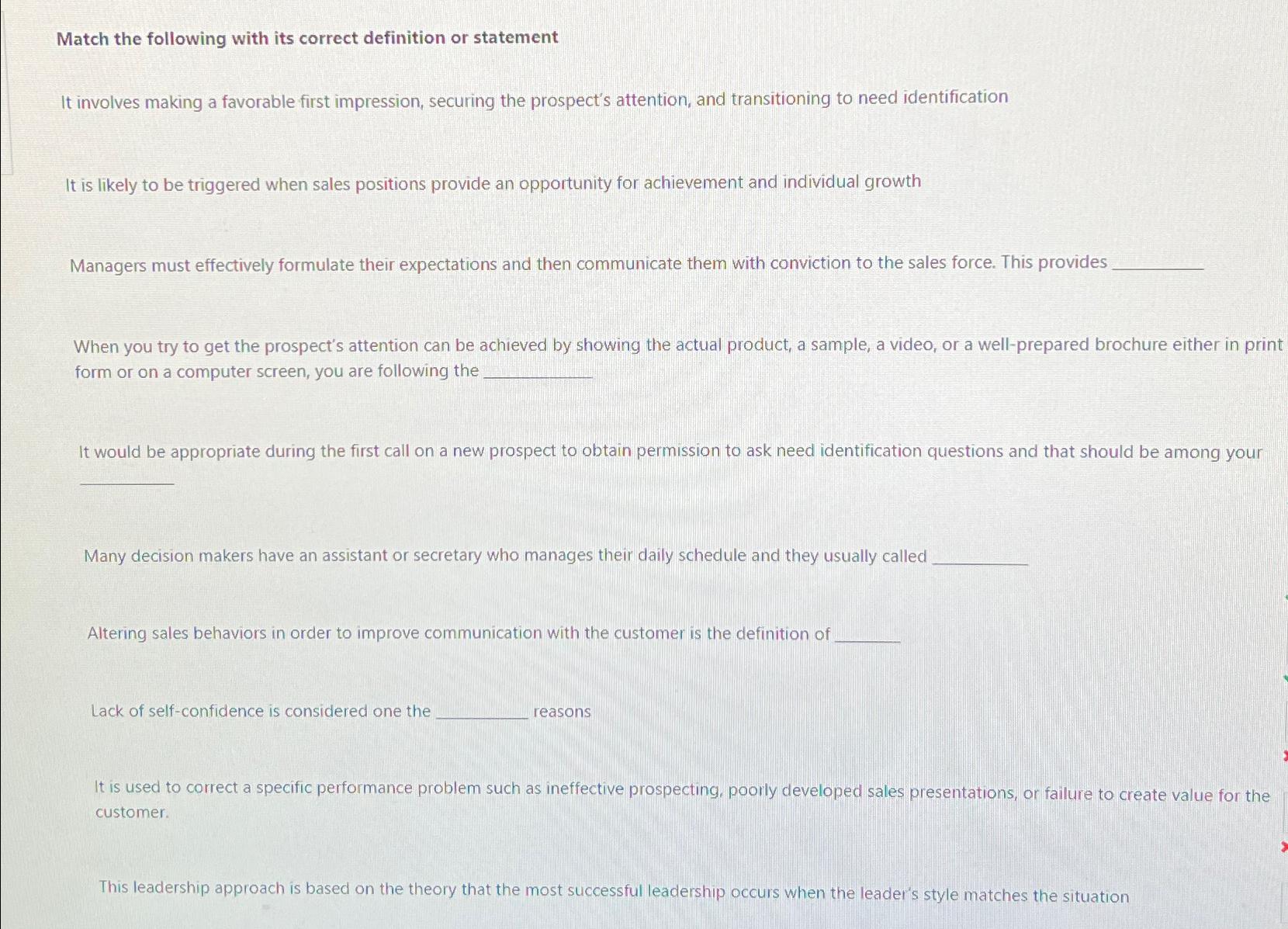 Solved Match the following with its correct definition or | Chegg.com