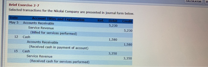 Solved CALCULATOR F Brief Exercise 2-7 Selected transactions | Chegg.com