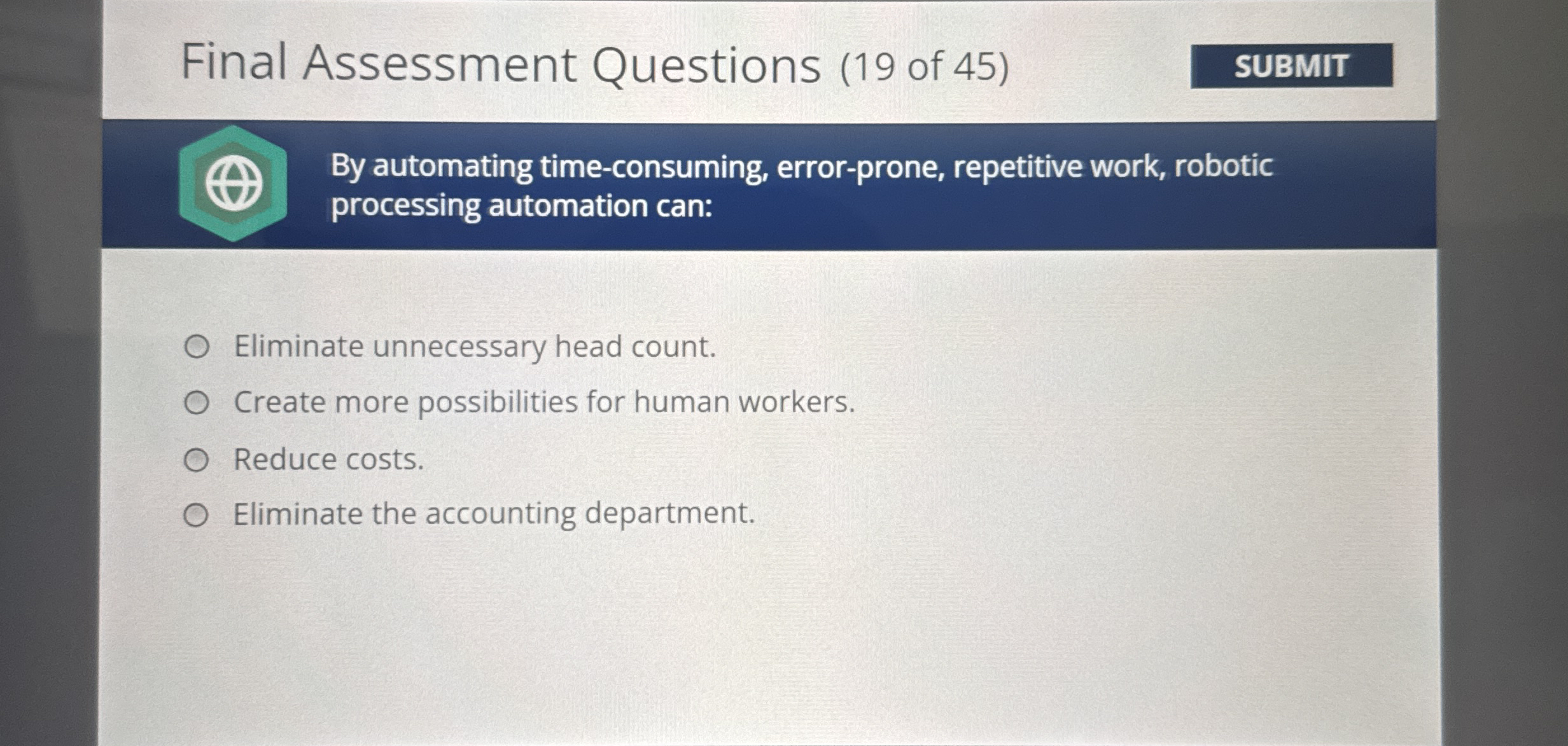 Solved Final Assessment Questions (19 ﻿of 45)By automating | Chegg.com