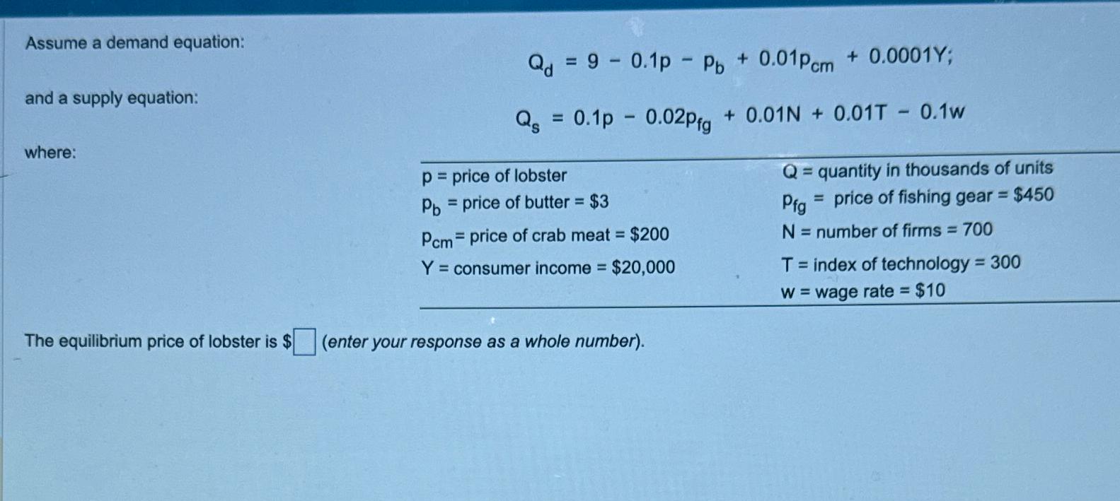 Solved Assume a demand equation:and a supply | Chegg.com