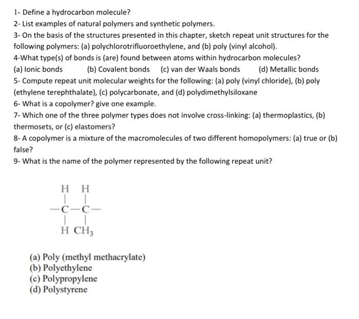 Solved 1- Define a hydrocarbon molecule? 2- List examples of | Chegg.com