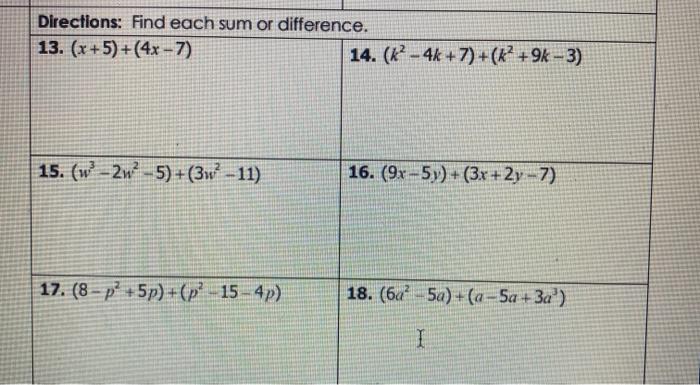 Solved Directions: Find each sum or difference. 13. (x + 5) | Chegg.com