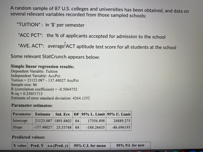 Solved A random sample of 87 U.S. colleges and universities | Chegg.com