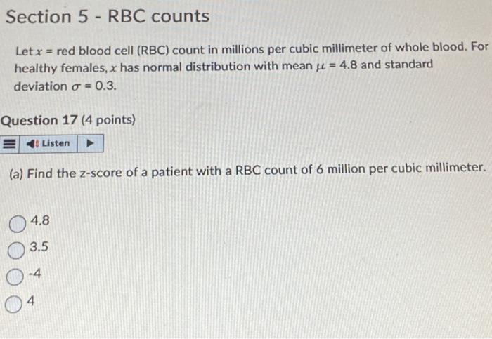 Solved Let x= red blood cell (RBC) count in millions per | Chegg.com