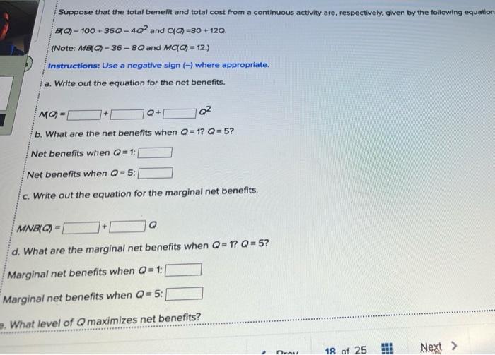 Solved Suppose that the total benefit and total cost from a | Chegg.com