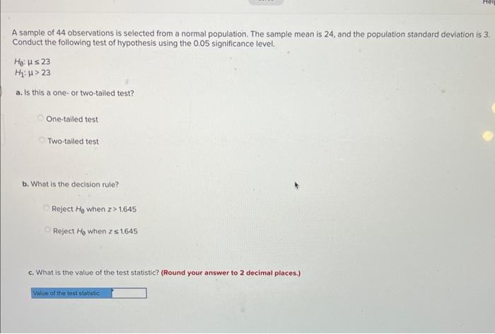 Solved A sample of 44 observations is selected from a normal | Chegg.com