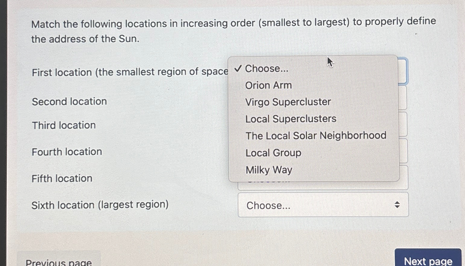 Solved Match the following locations in increasing order | Chegg.com
