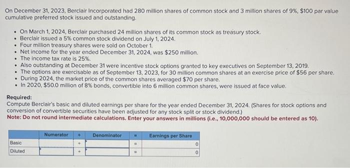 Solved On December 31,2023 , Berclair Incorporated had 280 | Chegg.com