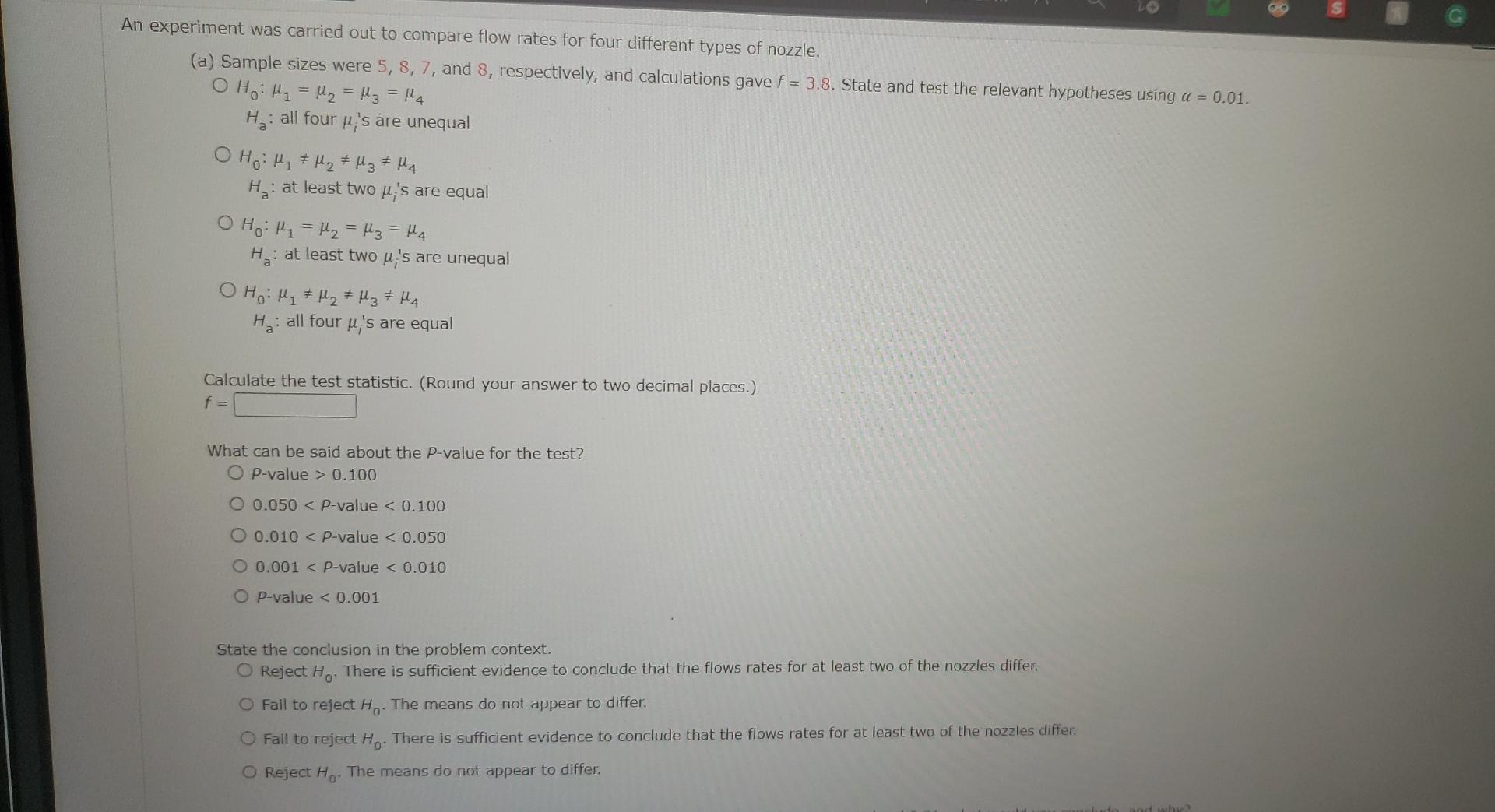 Solved An experiment was carried out to compare flow rates | Chegg.com