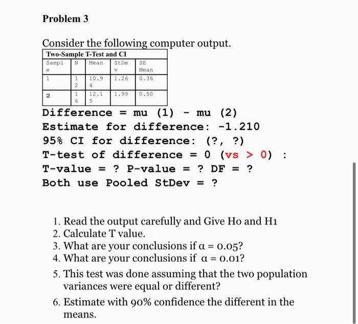 Solved Problem 3 Consider the following computer output. | Chegg.com