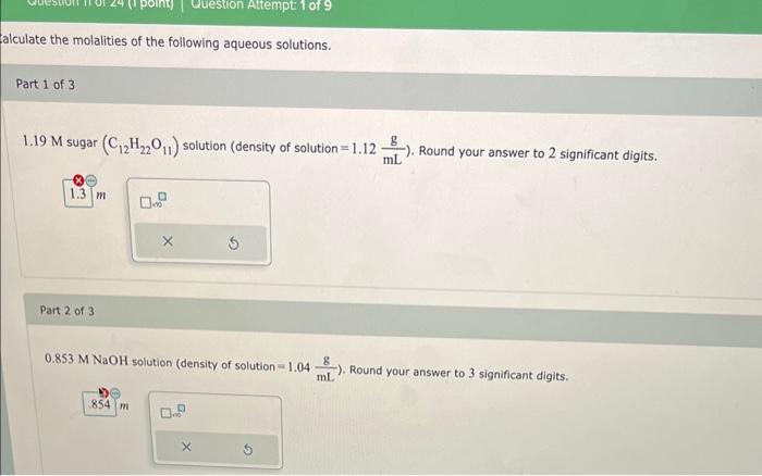 Solved 1.19M sugar (C12H22O11) solution (density of solution | Chegg.com