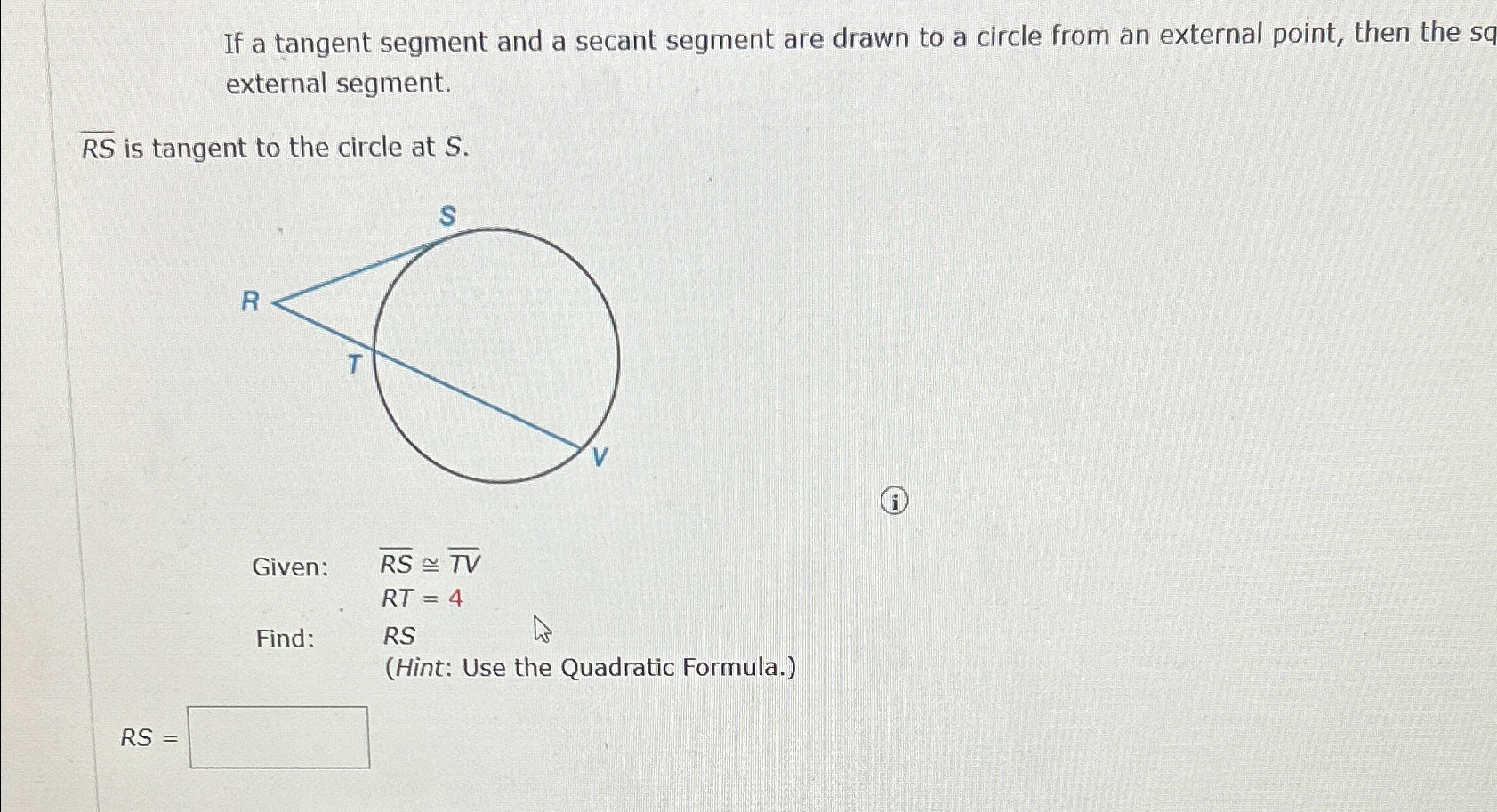 Solved If a tangent segment and a secant segment are drawn | Chegg.com
