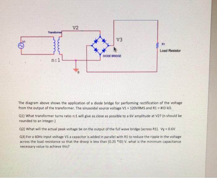 Solved V2 Transforme V3 RI Load Resistor DIODE BRIDGE n:1 | Chegg.com