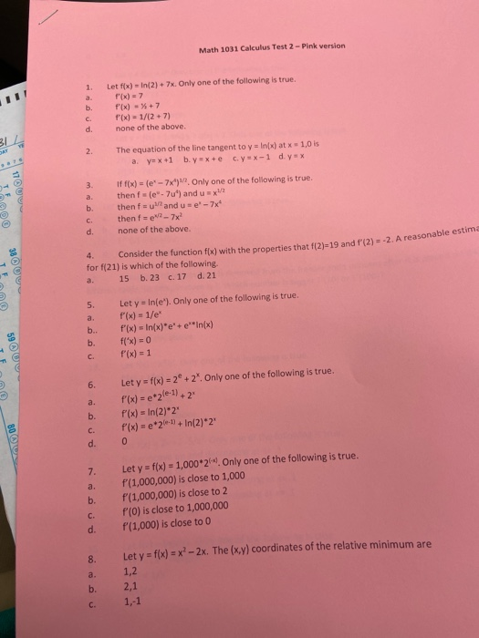 Solved Math 1031 Calculus Test 2 - Pink version 1. Let f(x) | Chegg.com