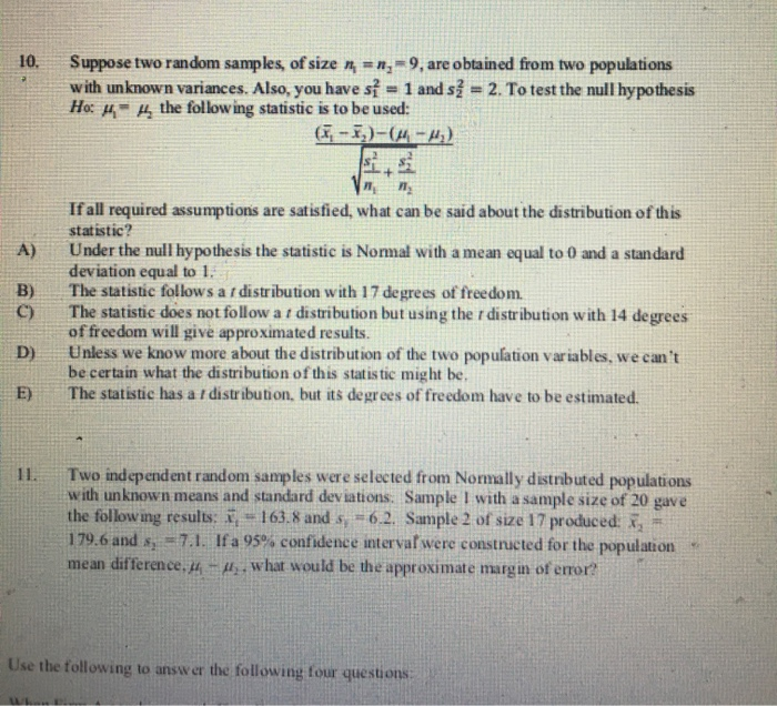 Solved Suppose two random samples, of size , =n=9, are | Chegg.com
