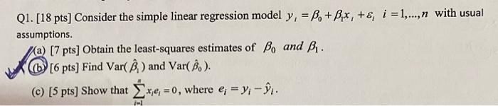 Solved Q1. [18 pts] Consider the simple linear regression | Chegg.com