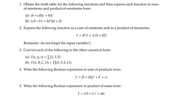 Solved 1 Obtain The Truth Table For The Following Functions