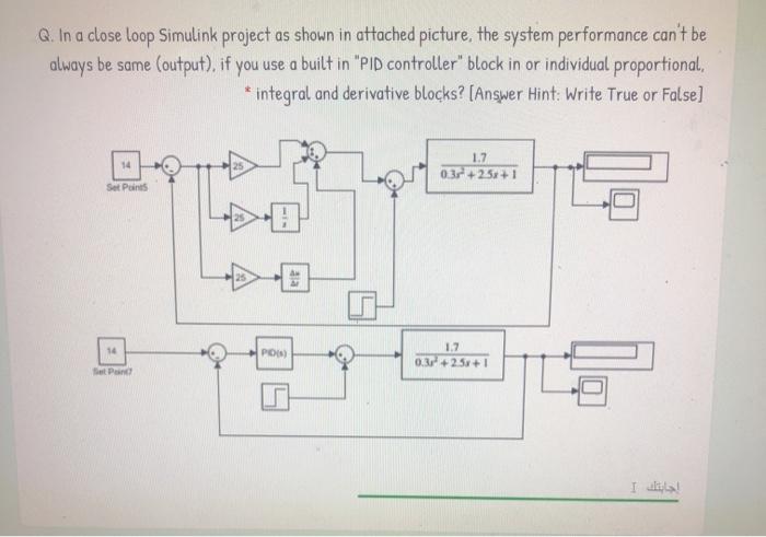 Solved Q. In a close loop Simulink project as shown in | Chegg.com
