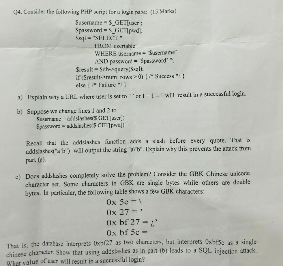 Solved Q4. ﻿Consider the following PHP script for a login | Chegg.com