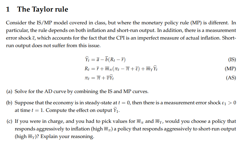 Solved 1 ﻿The Taylor ruleConsider the IS/MP model covered in | Chegg.com