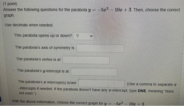 Solved nswer the following questions for the parabola | Chegg.com