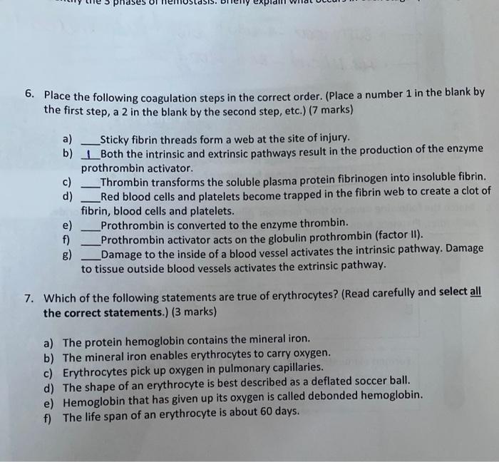 Solved 6. Place the following coagulation steps in the | Chegg.com