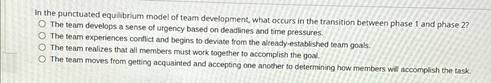 Solved In the punctuated equilibrium model of team | Chegg.com
