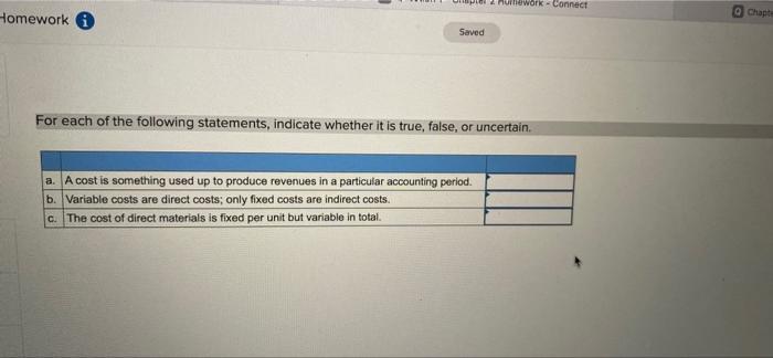 Solved apter 2 Aurework- Connect Homework i Saved For each | Chegg.com