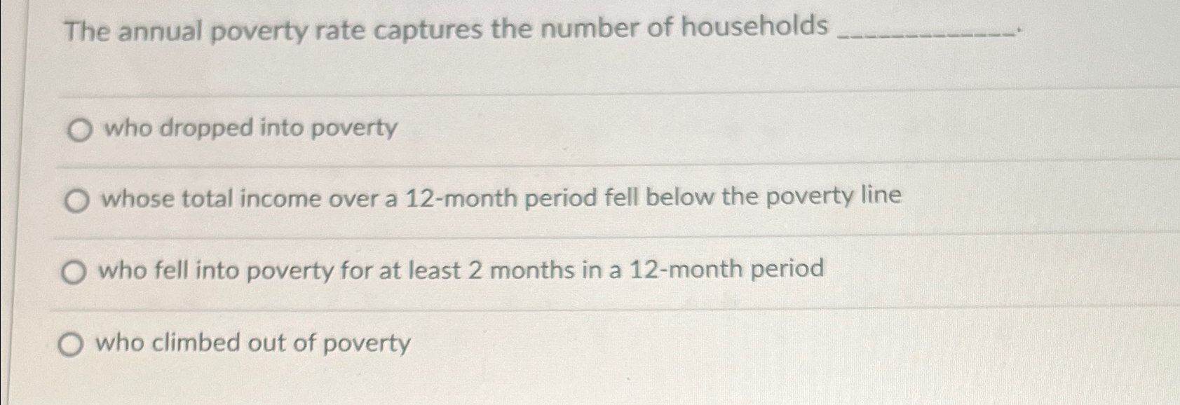 Solved The annual poverty rate captures the number of | Chegg.com