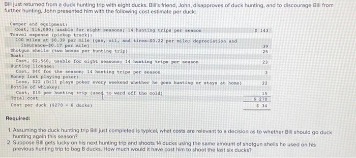 Solved Bill just returned from a duck hunting trip with | Chegg.com