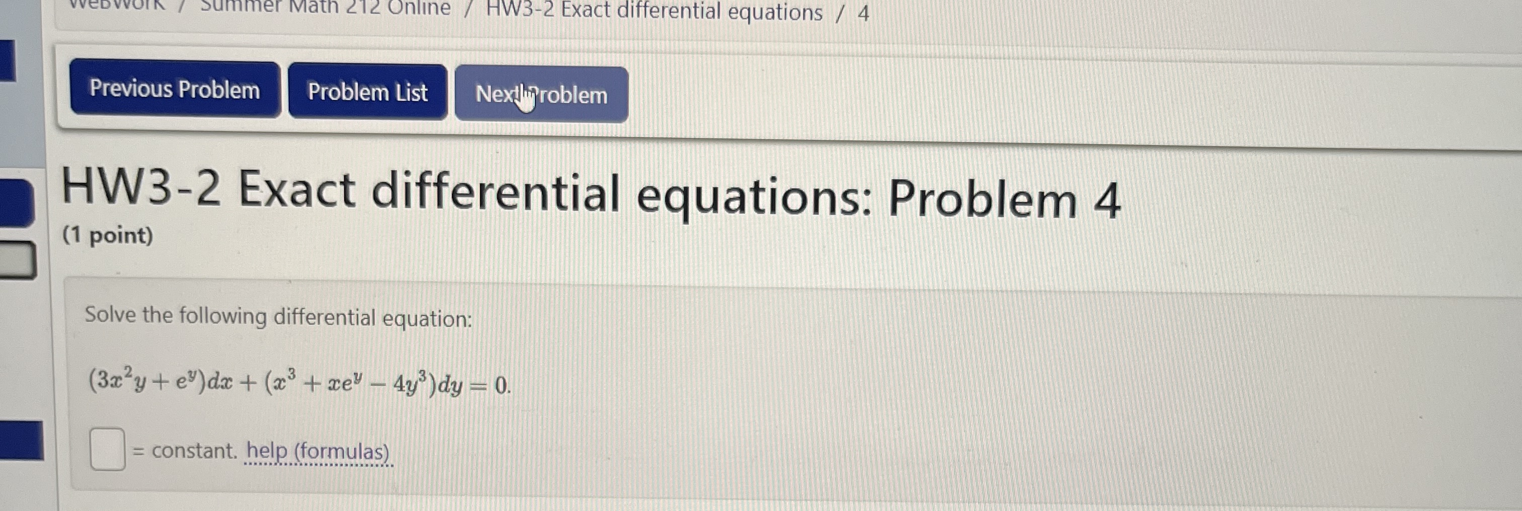 Solved HW3-2 ﻿Exact differential equations: Problem 4(1 | Chegg.com