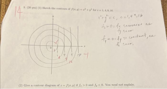 Solved 3. (20 pts) (1) Sloetch the contours of f(x,y)=x2+y2 | Chegg.com