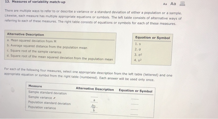 Solved 13. Measures of variability match-up Aa Aa E There | Chegg.com