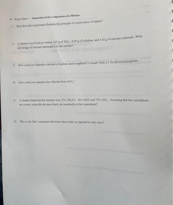 Solved e Separation of the 3 Pre-lab Components of a Mixture | Chegg.com