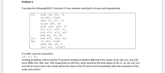 Problem 1: Translate the following RISC-V function F1 | Chegg.com