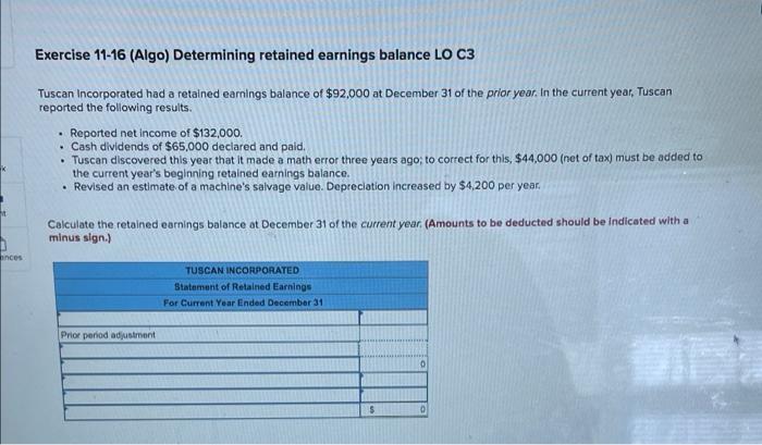 Solved Exercise 11-16 (Algo) Determining retained earnings | Chegg.com